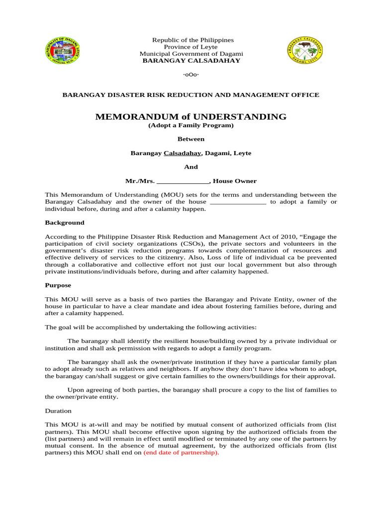 Memorandum of Understanding | PDF | Disaster Risk Reduction