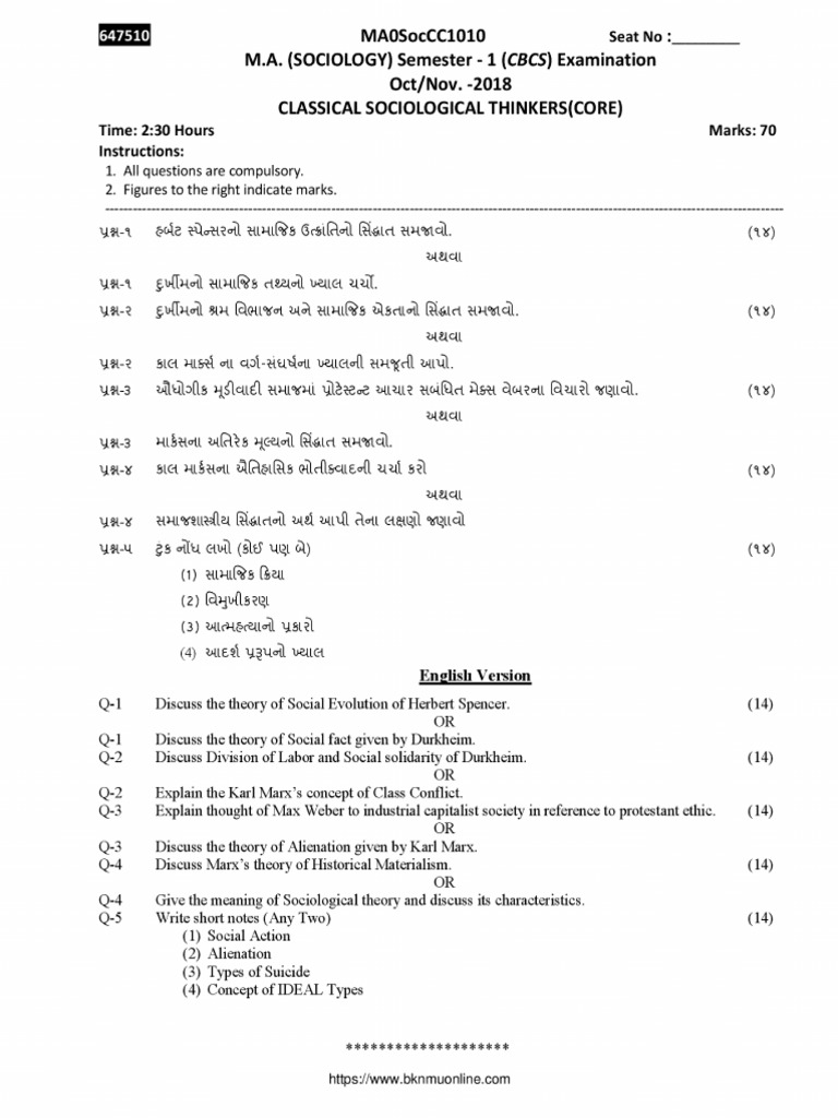 Ma 1 Sem Sociology Classical Sociological Thinkers Ma0soccc1010 Nov ...