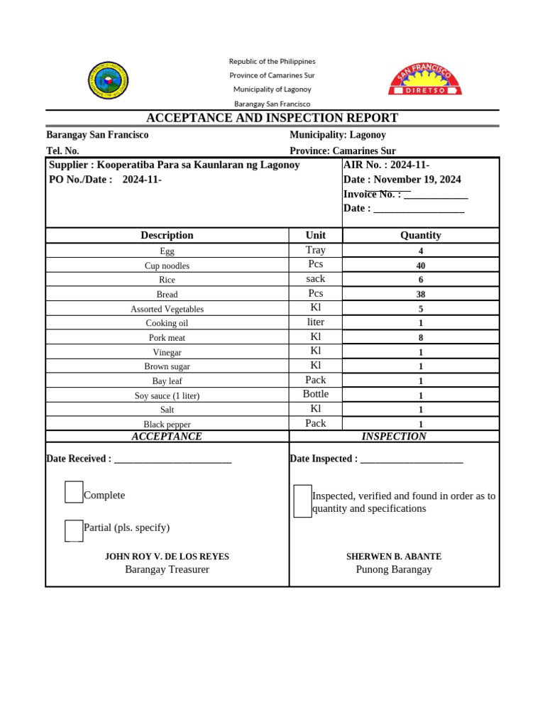 7 Acceptance and Inspection Report | PDF | Food And Drink | Food And Drink Preparation