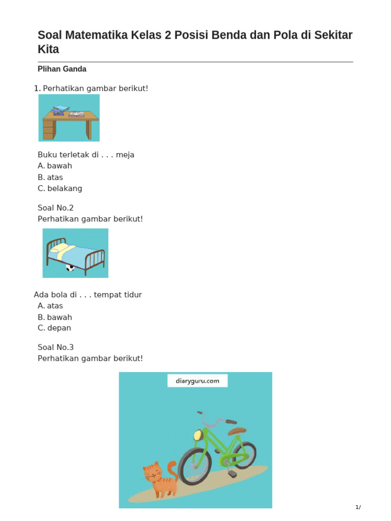Soal Matematika Kelas 2 Posisi Benda Dan Pola Di Sekitar Kita | PDF