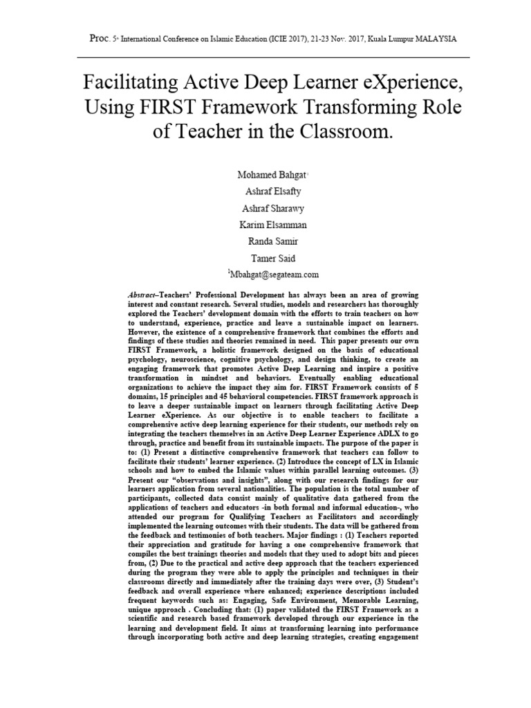 Facilitating Active Deep Learner Experience Using FIRST Framework Transforming Role of Teacher ...