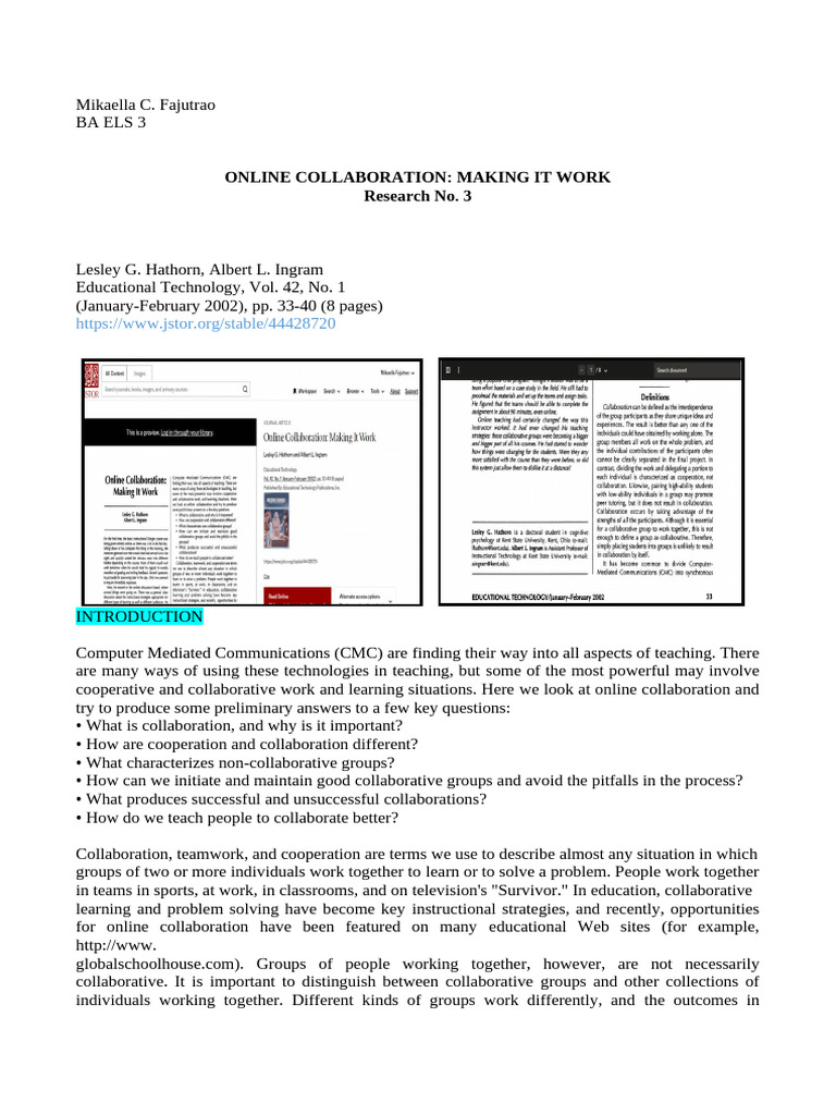 Research No. 3 - ONLINE COLLABORATION IN CMC | PDF | Communication ...