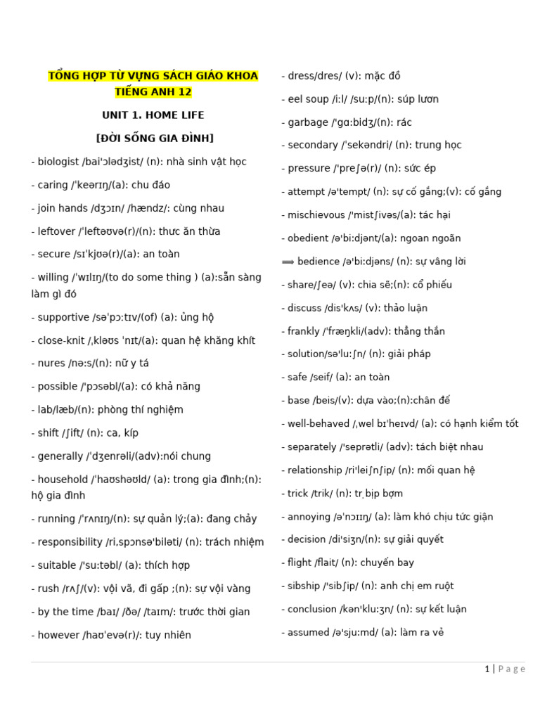 TỔNG HỢP TỪ VỰNG SÁCH GIÁO KHOA TIẾNG ANH 12 | PDF