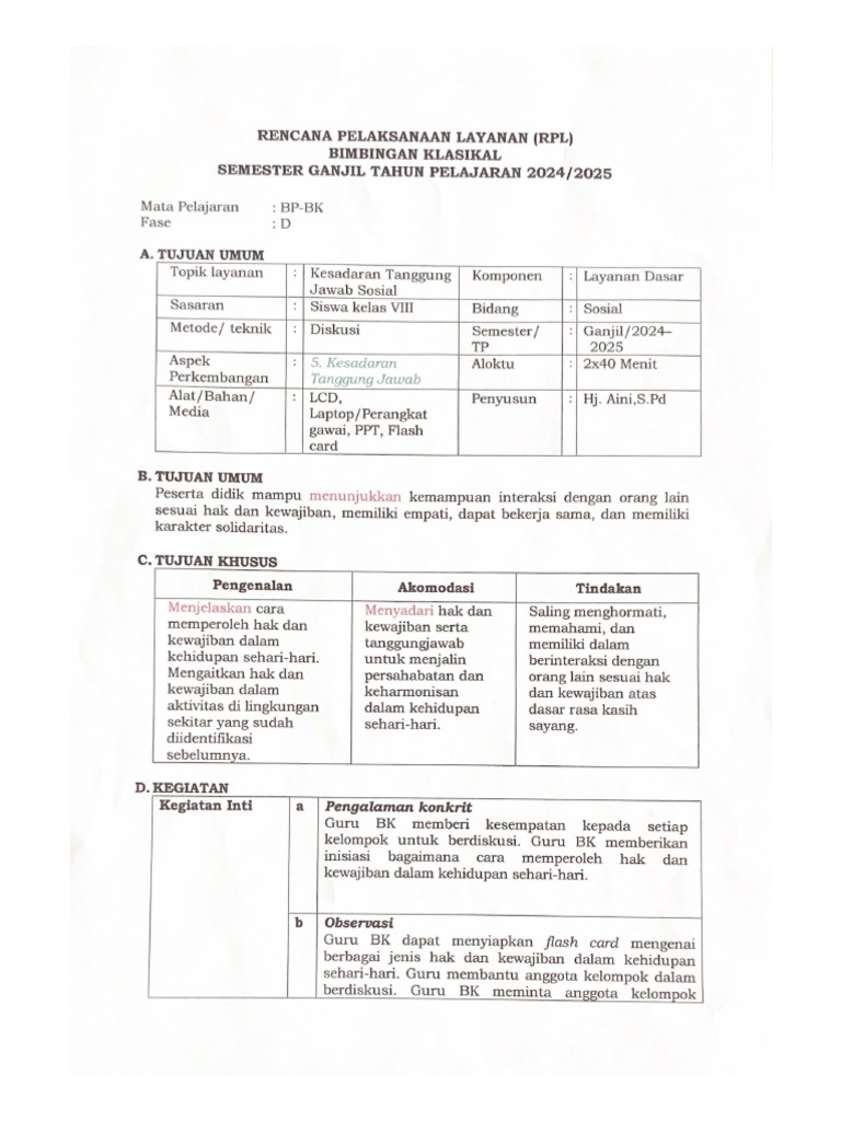 Rencana Pelaksanaan Layanan (RPL) | PDF