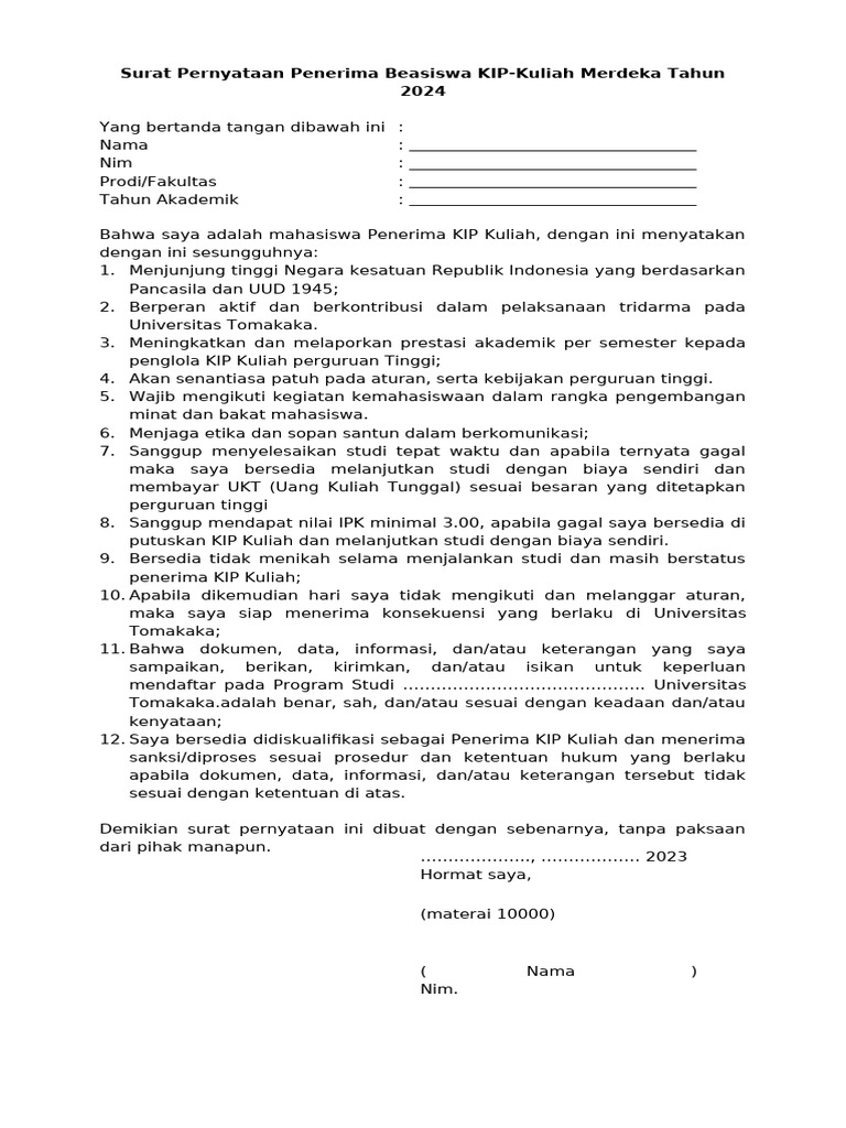 Surat Pernyataan Penerima Beasiswa-KIP-Kuliah 2024 | PDF | Ilmu Sosial | Hukum