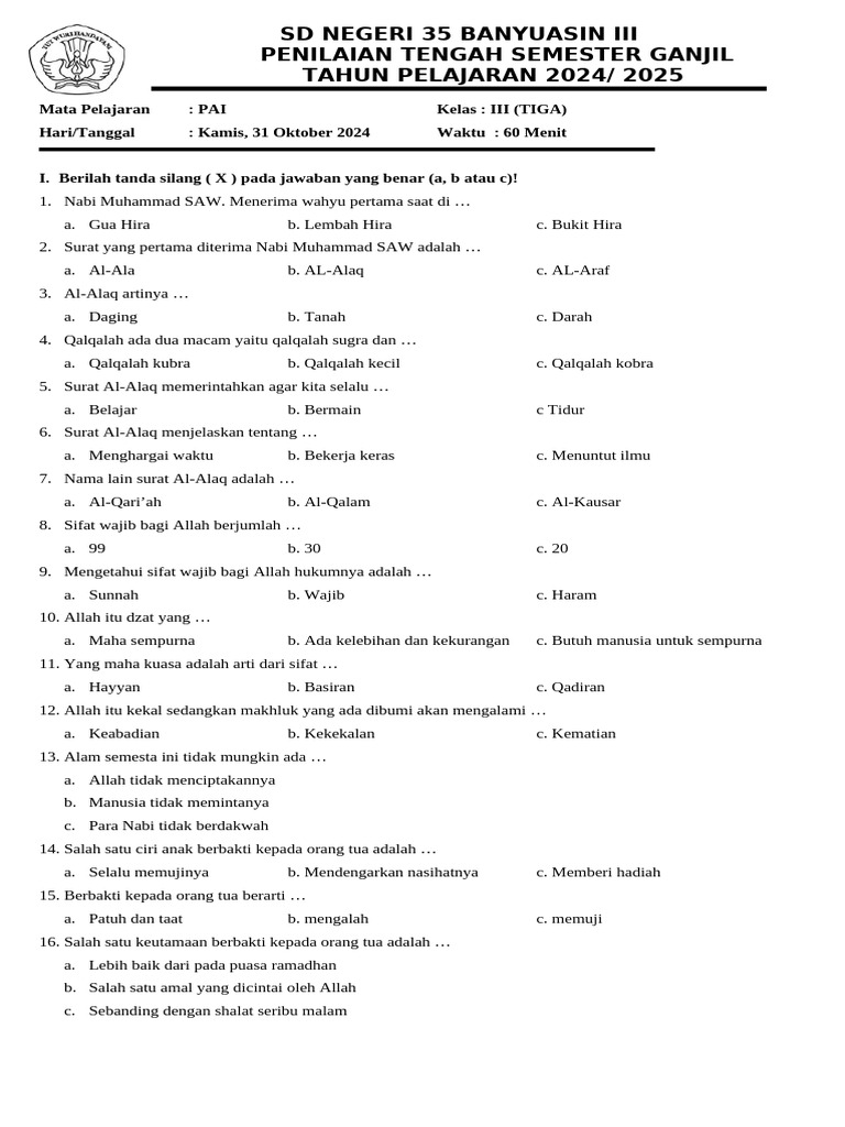 Soal Pai 2024 | PDF | Agama & Spiritualitas