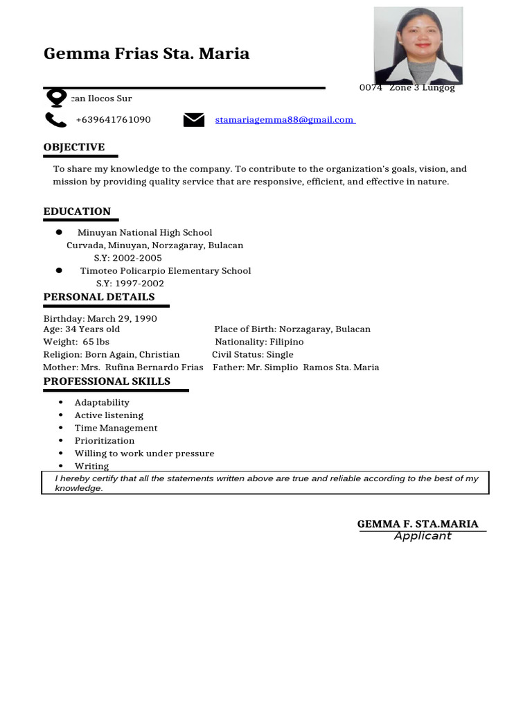 Gemma Sta. Maria Resume Summary | PDF | Wellness