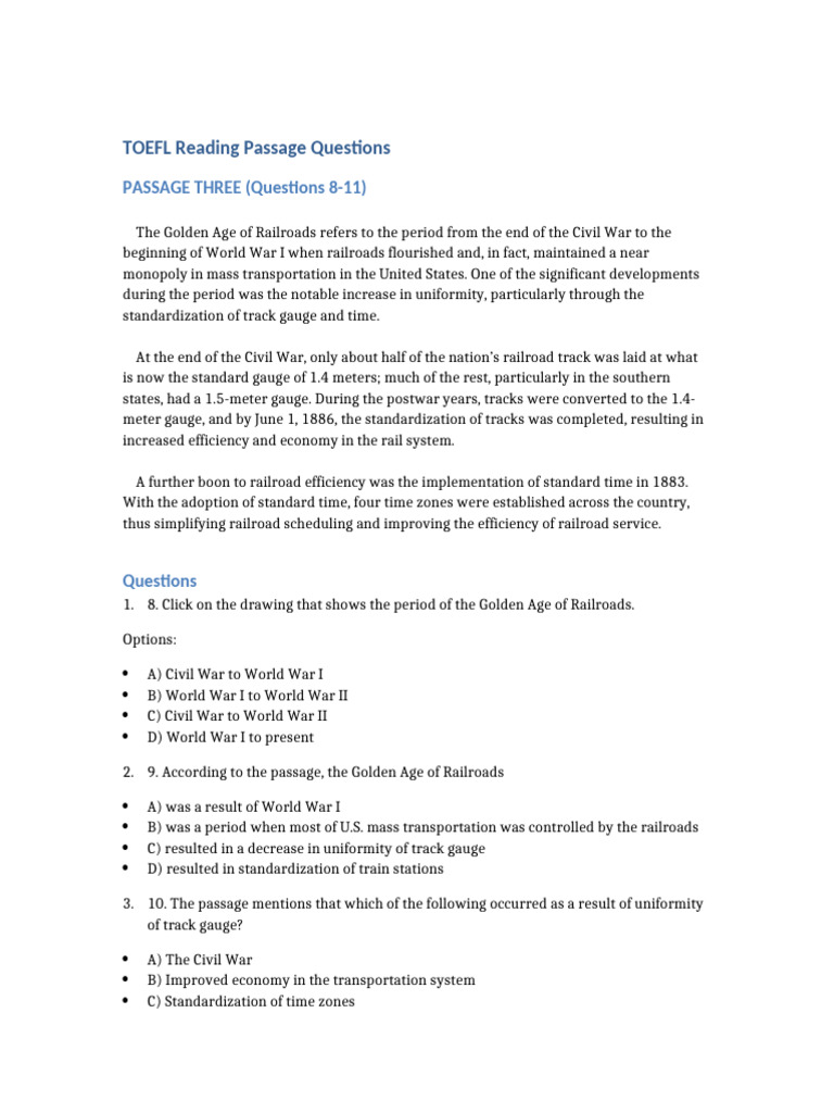 TOEFL Reading Passage Questions | PDF | Travel