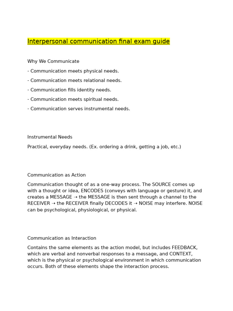 Interpersonal Communication Exam Guide | PDF | Communication ...