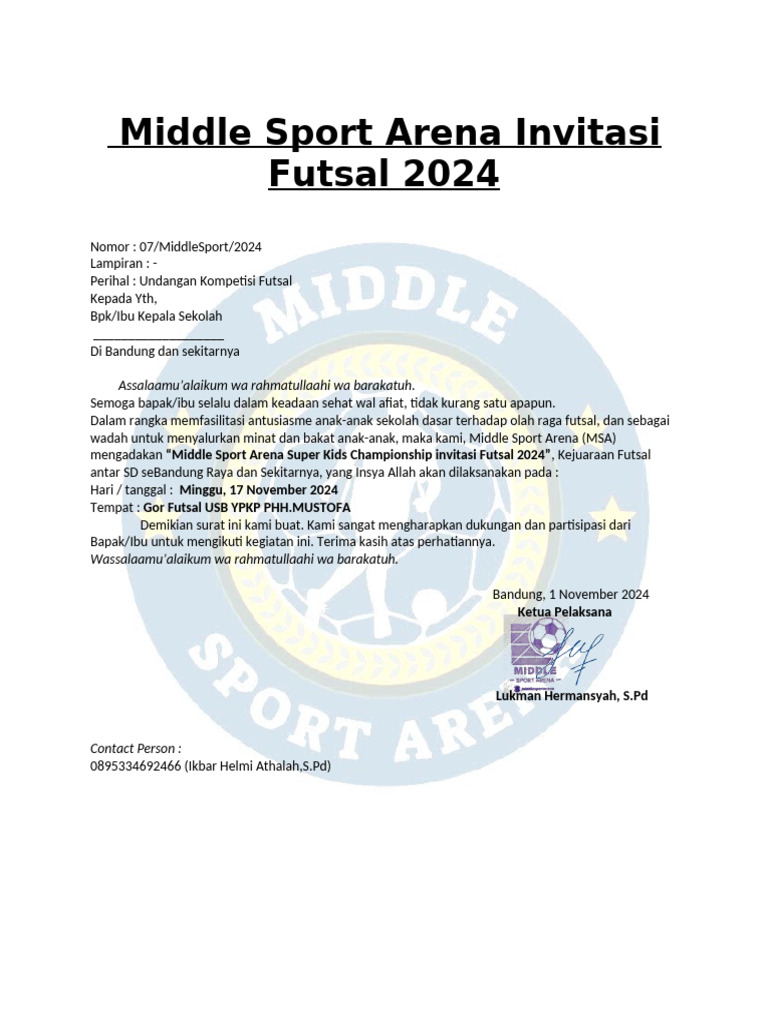 Surat Undangan Middle Sport Arena Futsal 2024 | PDF | Olahraga & Rekreasi