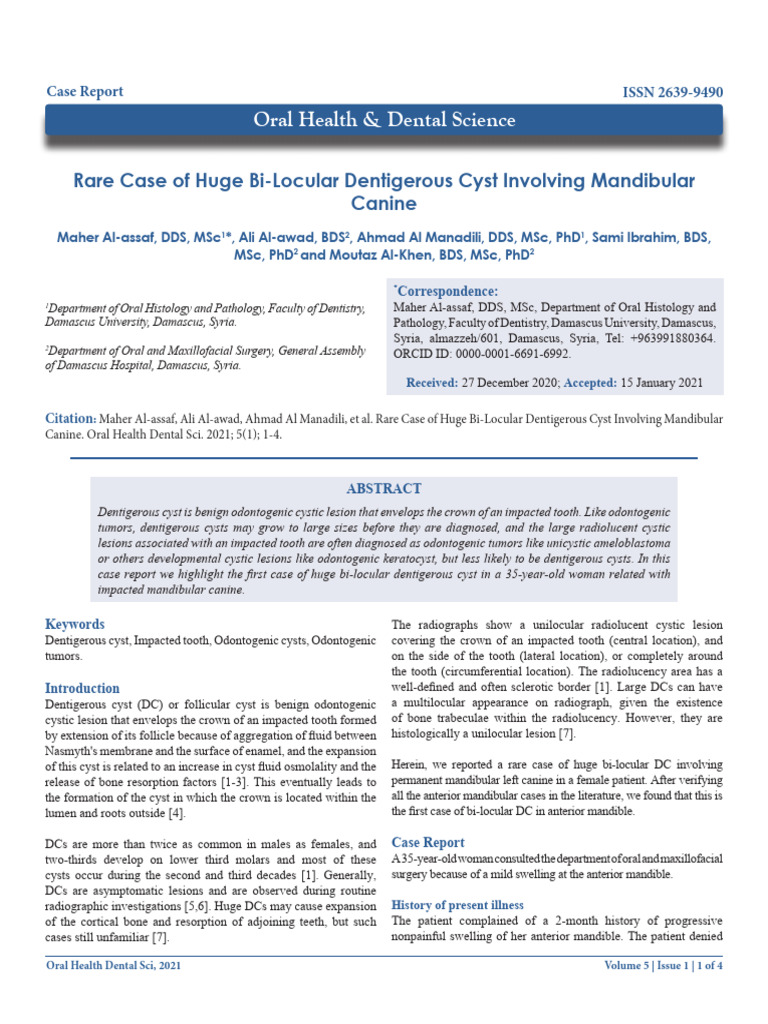 Huge Bi-Locular Dentigerous Cyst Case | PDF | Epithelium | Medical ...