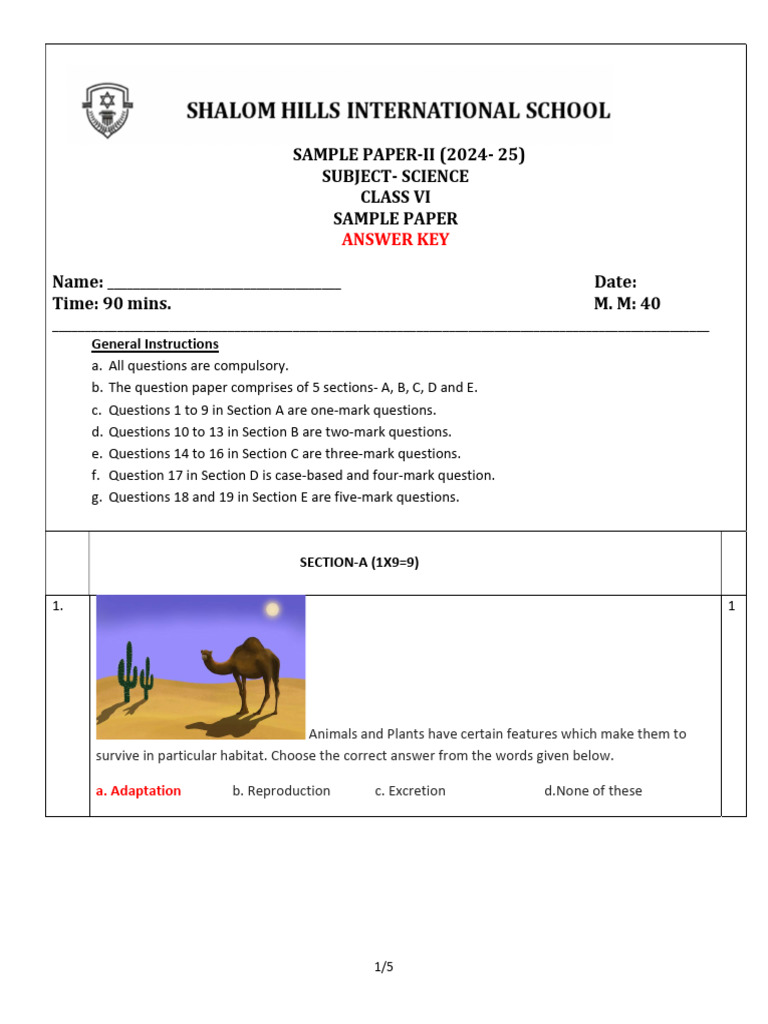 Class VI Science Sample Paper 2024-25 | PDF | Habitat | Plants