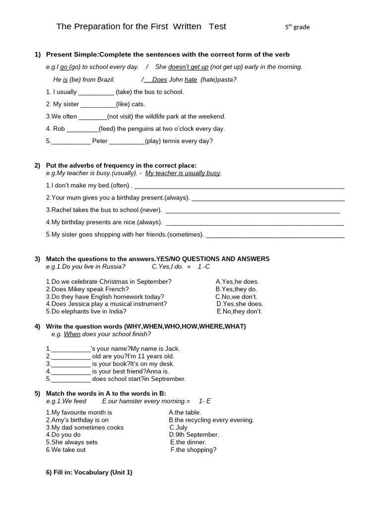 The Preparation For The First Written Test 5th Grade | PDF | Linguistics