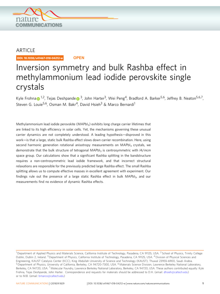 Inversion Symmetry and Bulk Rashba Effect in Methylammonium Lead Iodide ...