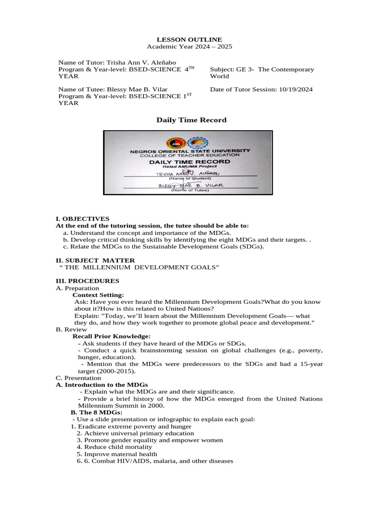 Lesson Outline October 19, 2024 | PDF | Millennium Development Goals ...