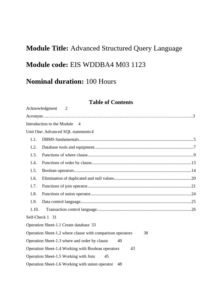 Module Title: Module Code: Nominal Duration:: Advanced Structured Query Language EIS WDDBA4 M03 ...