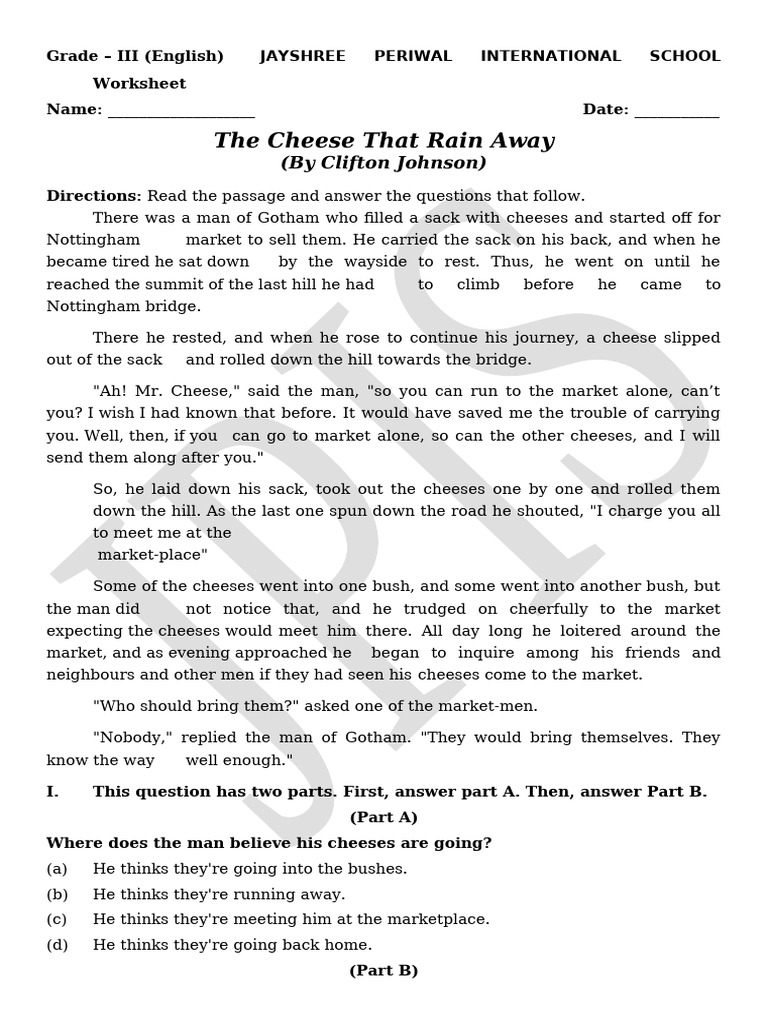 Grade III English Worksheet: Cheese Story | PDF