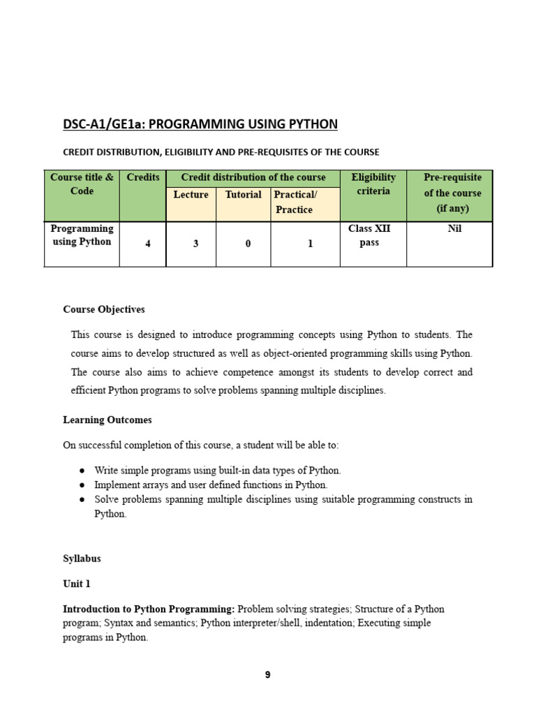 Programming Using Python Syllabus (DSC-A1-GE1a) | PDF | Python (Programming Language ...