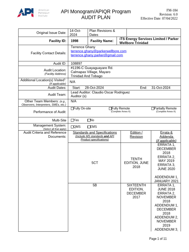 FM-184 Audit Plan Template CR - Audit 108897 - R0 | PDF | Audit ...