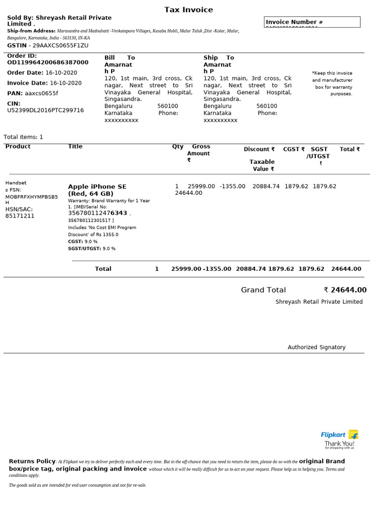 Invoice Flipkart Mobile | PDF | Apple Inc. | I Phone