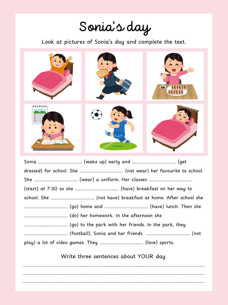 Present Simple Worksheet in Pink Illustrative Style | PDF