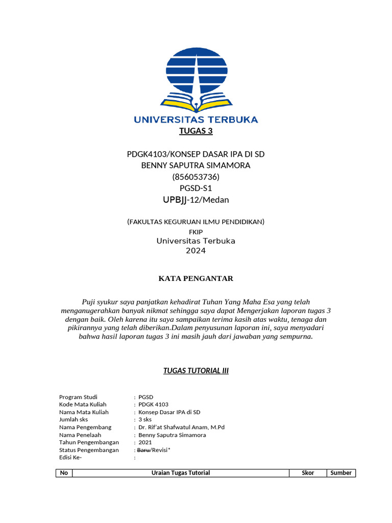 Tugas - Tutorial - 3 - Konsep Dasar - IPA - Di - SD - PDGK4103 | PDF