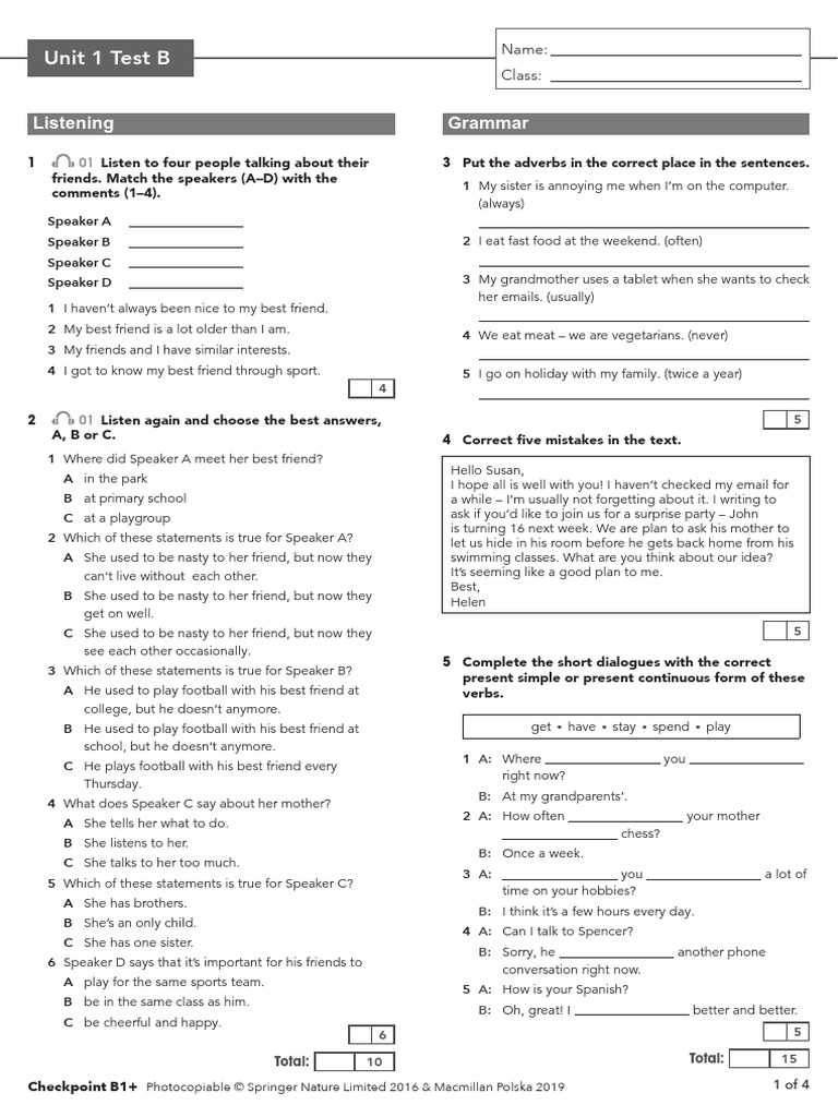 Checkpoint B1+ Unit 1 Test B | PDF