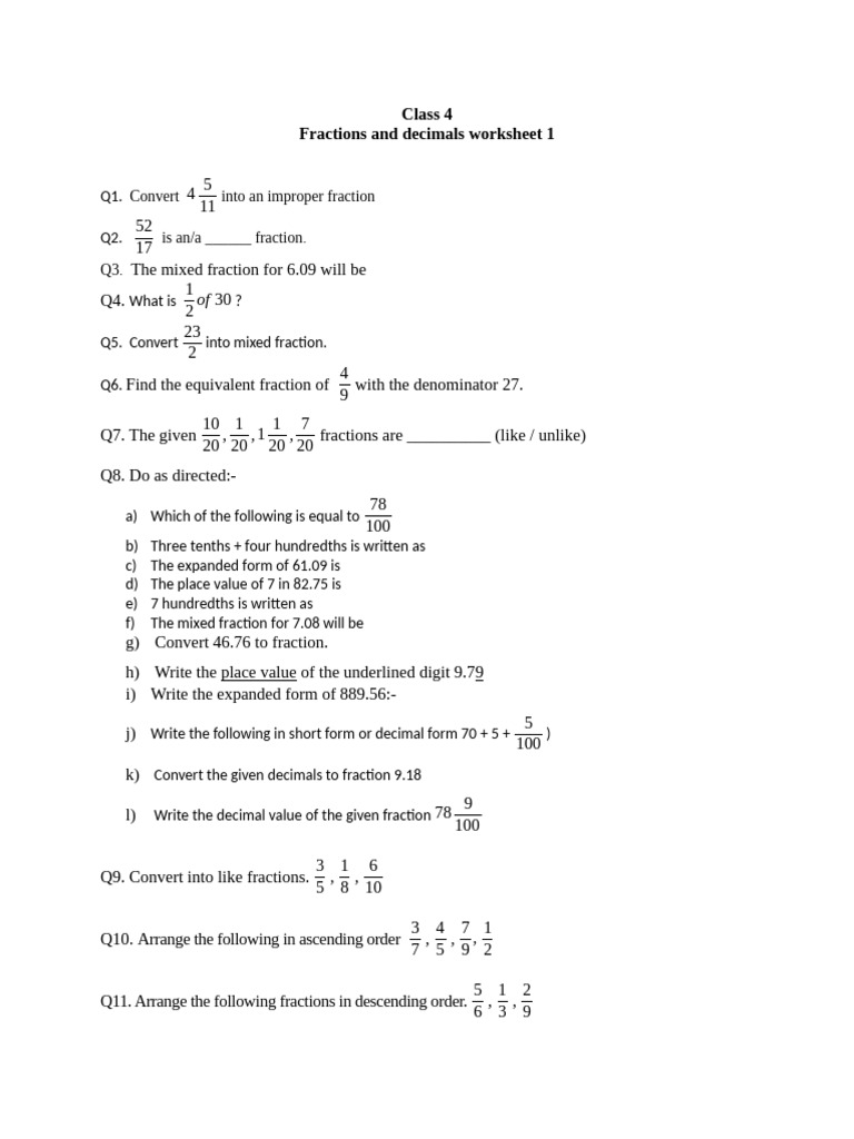 Class 4 Fraction and Decimal Worksheet 1 | PDF | Elementary Mathematics ...