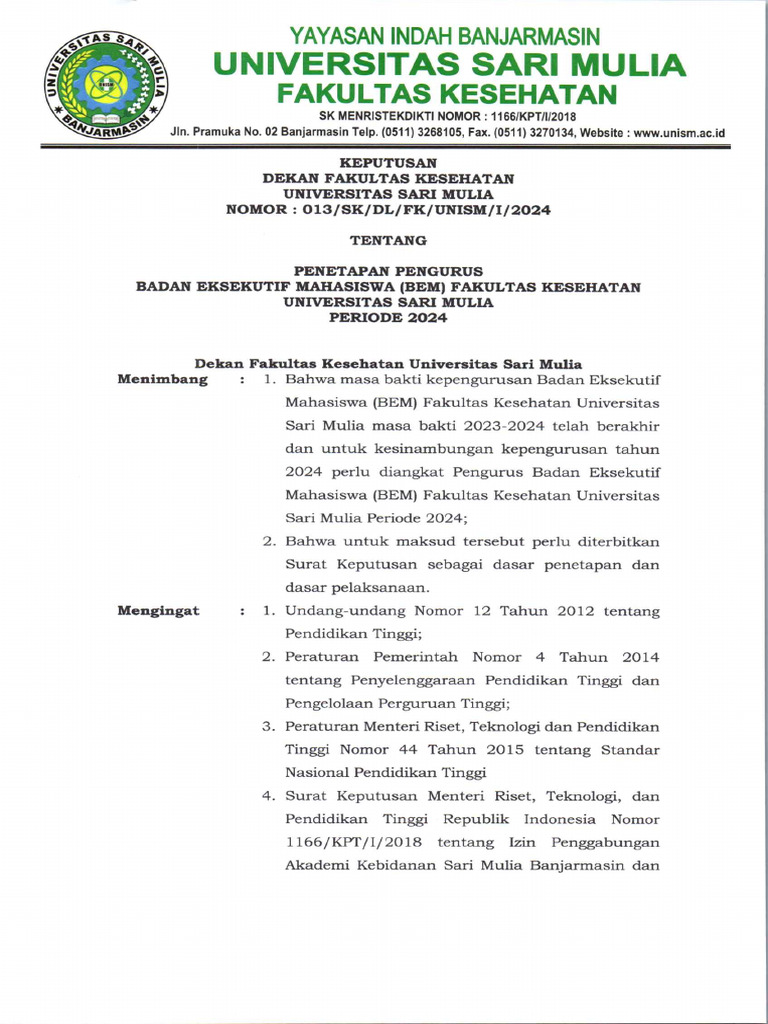 013.SK - DL.FK - UNISM.I.2024 Penetapan Pengurus Badan Eksekutif ...