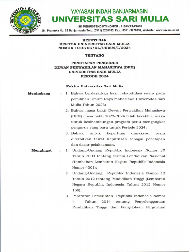 010.SK - DL.UNISM.I.2024 Penetapan Pengurus Dewan Perwakilan Mahasiswa (DPM) Periode 2024 | PDF