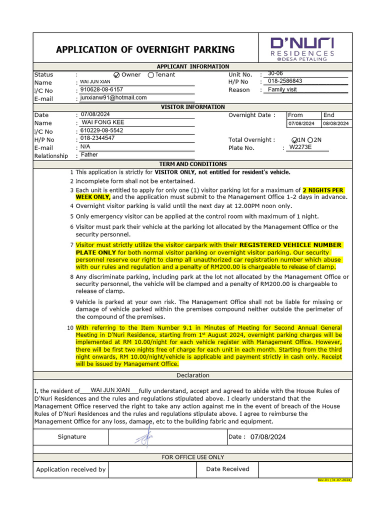Latest Overnight Parking Form 20240807 | PDF