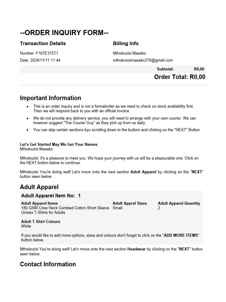 Order Inquiry Form 315 | PDF