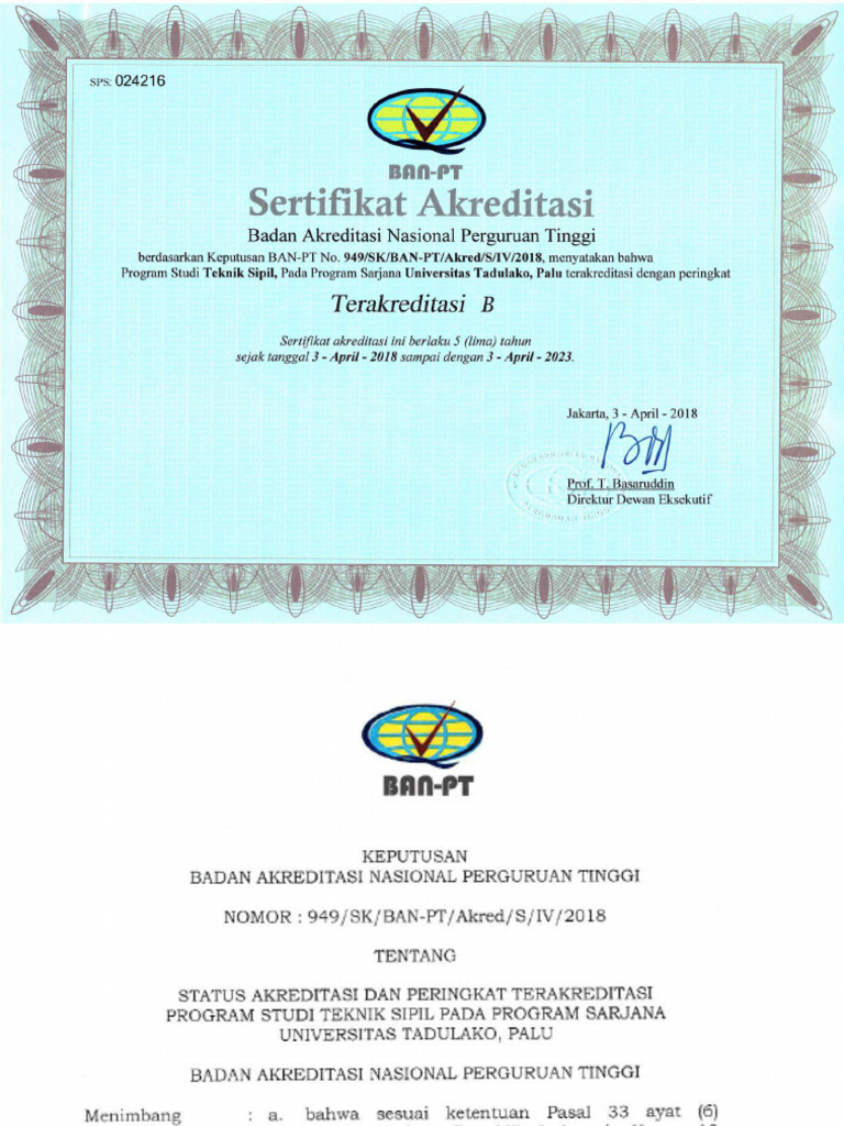 2018 BAN-PT Sertifikat-dan-SK S1 Teknik-Sipil - PDF Compressed | PDF