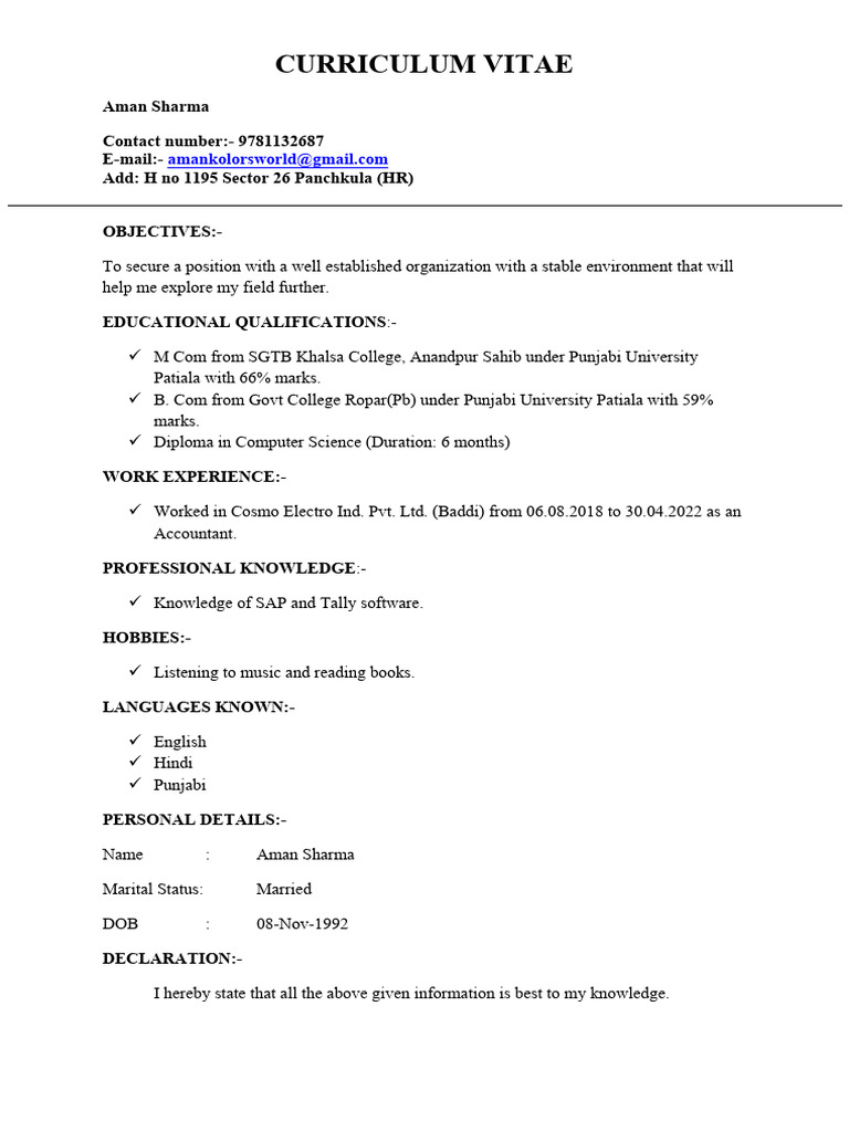 CURRICULUM VITAE - Aman | PDF
