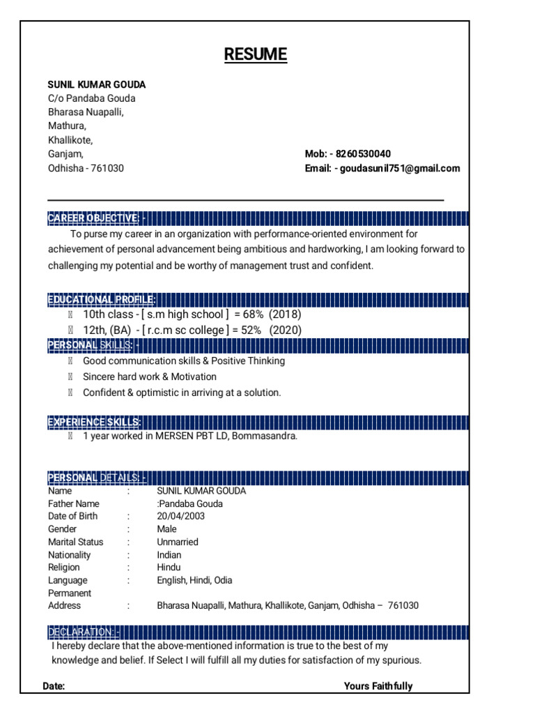 Resume: 10th Class - (S.M High School) 68% (2018) 12th, (BA) - (R.C.M ...