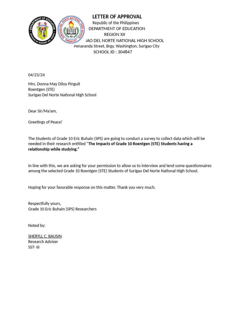 Approval Letter Grade 10 Eric Buhain SPS | PDF