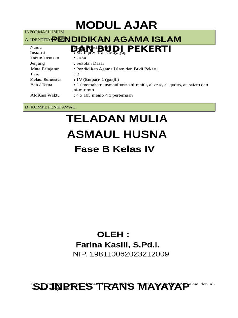 Modul Ajar Asmaul Husna KLS 4 Semester 1 Farina Kasili | PDF
