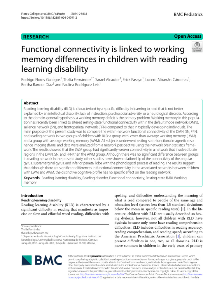 Functional Connectivity Is Linked To Working Memory Differences in Children With Reading ...
