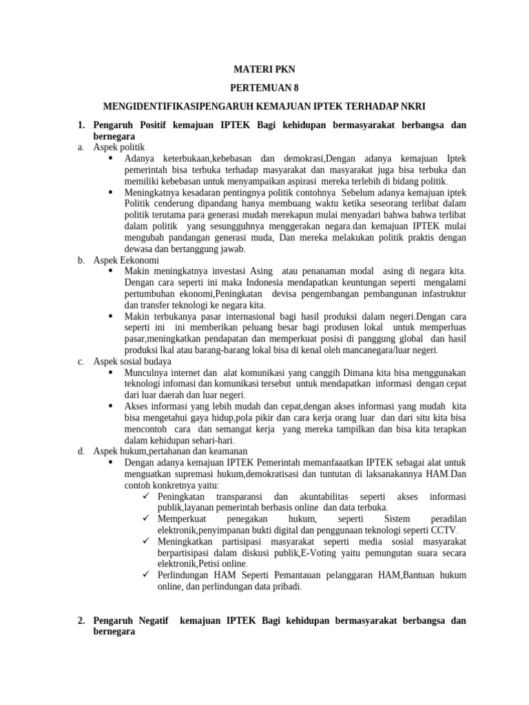 Materi PKN Pertemuan 8 Mengidentifikasi Pengaruh Kemajuan Iptek Terhadap Nkri | PDF