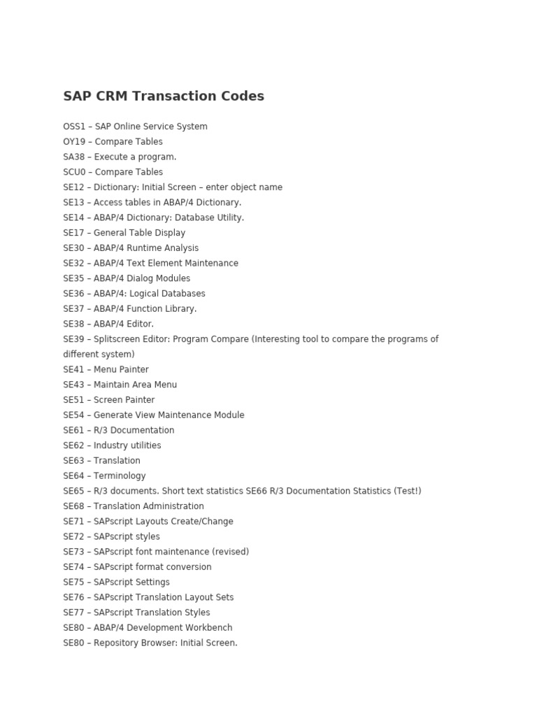 SAP CRM Transaction Codes Guide | PDF | Computing | Computer Programming