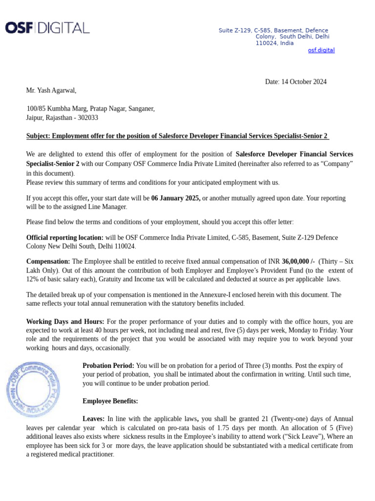 Yash Agarwal Offer Letter - OSF | PDF | Salary | Employment