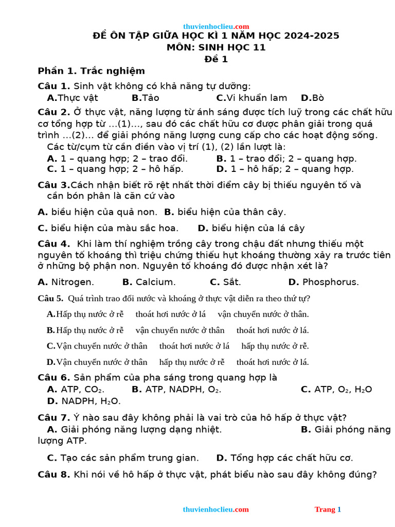 Bo de On Tap Giua HK1 Sinh 11 CTST CTM | PDF