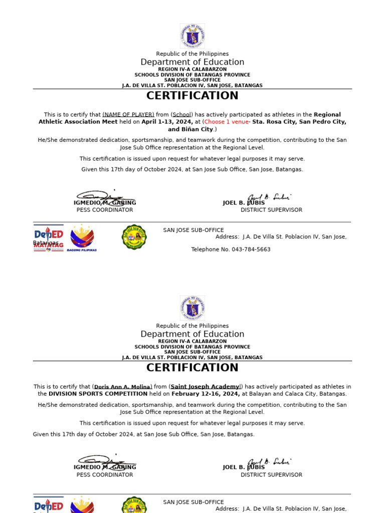 Athlete Participation Certification Batangas | PDF