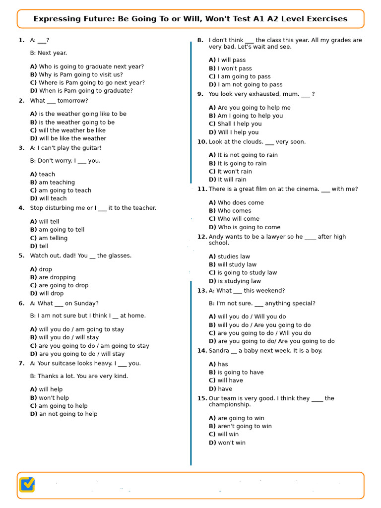 425 - Expressing Future Be Going To or Will Wont Test A1 A2 Level ...