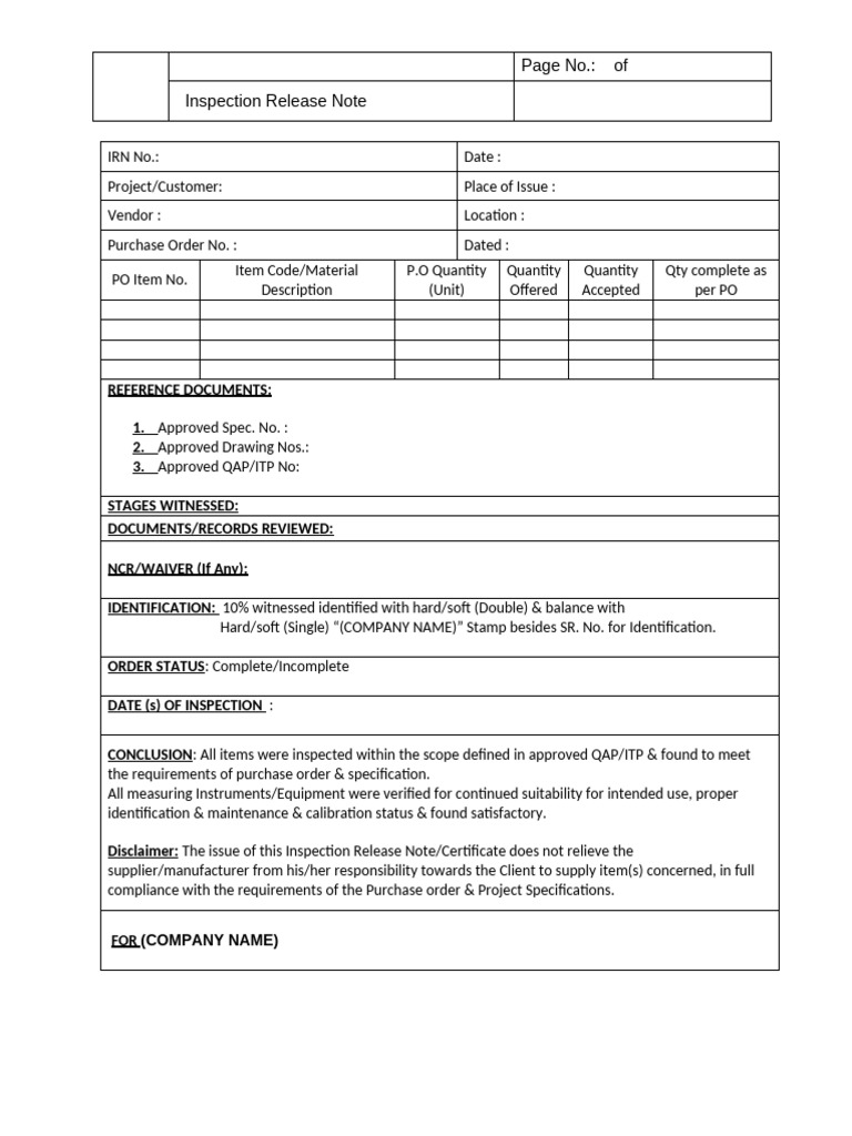 Inspection Release Note | PDF | Finance & Money Management | Technology ...