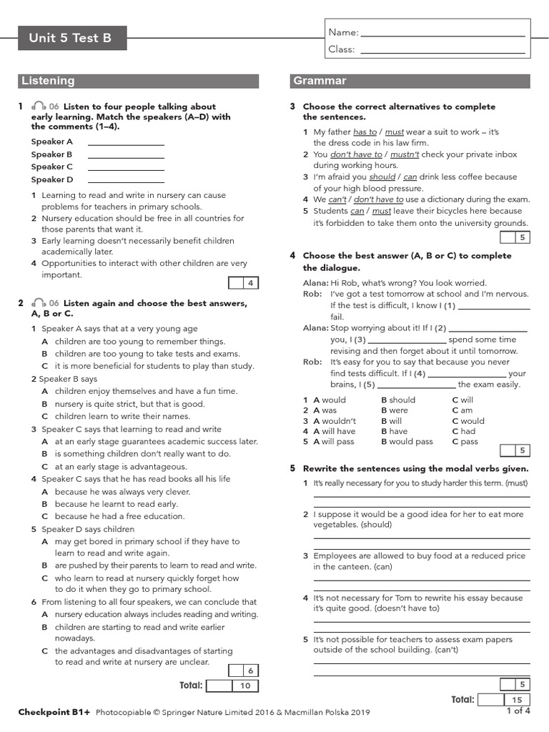 Checkpoint B1+ Unit 5 Test B | PDF | Essays | Homework