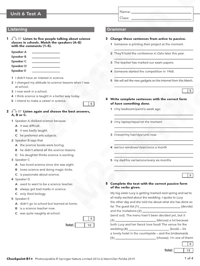 Checkpoint B1+ Unit 6 Test A | PDF | Invention
