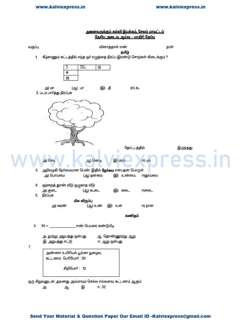 3Rd STD NAS Model Question Paper - 7 - Tamil Medium SALAM District - Kalviexpress | PDF