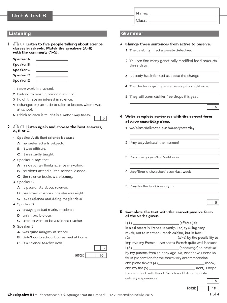 Checkpoint B1+ Unit 6 Test B | PDF | Language Arts & Discipline