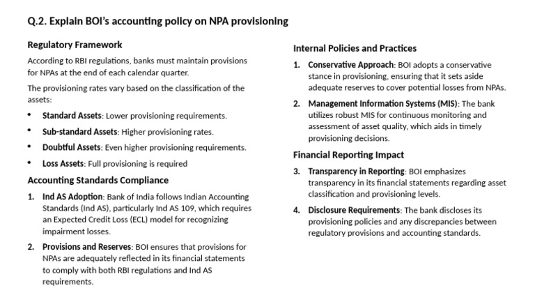 Q.2. Explain BOI's Accounting Policy On NPA Provisioning: Internal ...